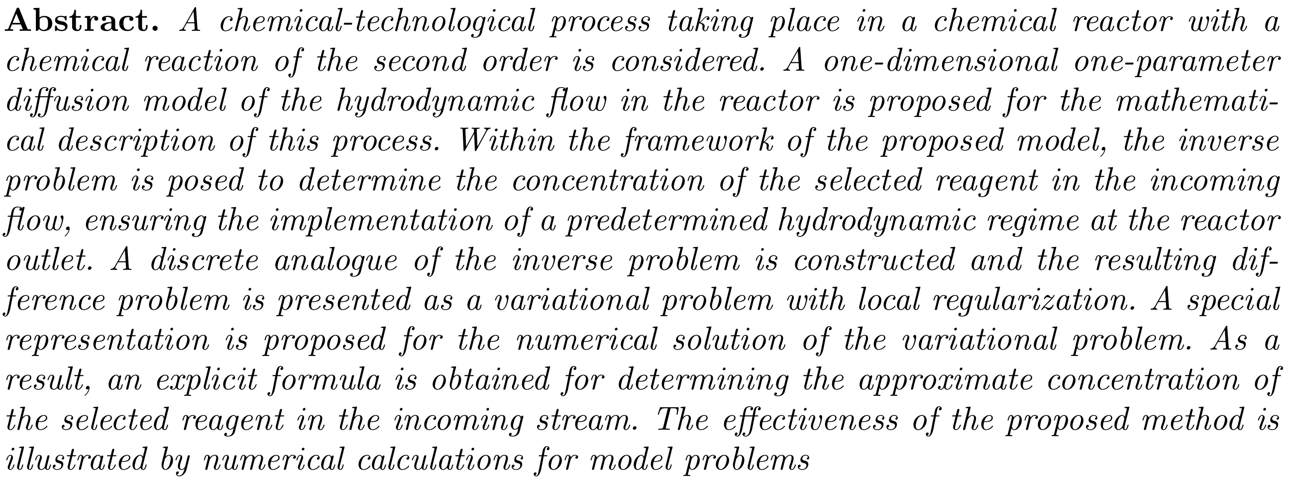 NUMERICAL SOLUTION OF ONE INVERSE PROBLEM FOR A DIFFUSION MODEL OF A CHEMICAL-TECHNOLOGICAL PROCESS